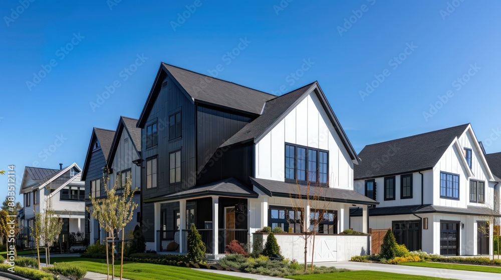 stately modern farmhouse with black and white exteriors, standing out ...