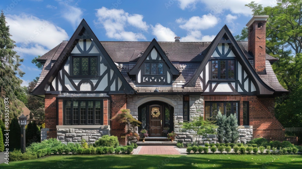 suburban farmhouse with a Tudor revival design, featuring steeply pitched roofs, decorative half ...