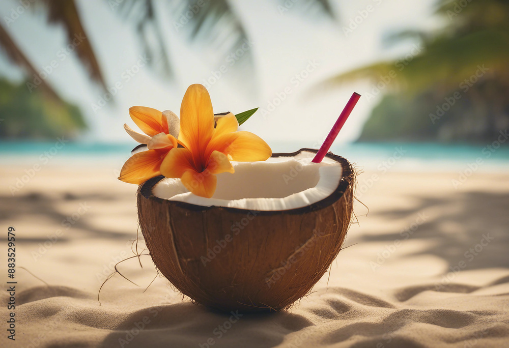Coconut water in a coconut shell with a straw and tropical flowers in a ...