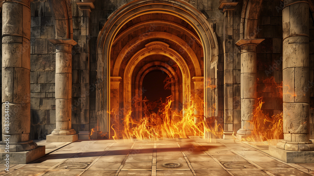 Stone arches, an example of classic ancient architecture. The flames ...