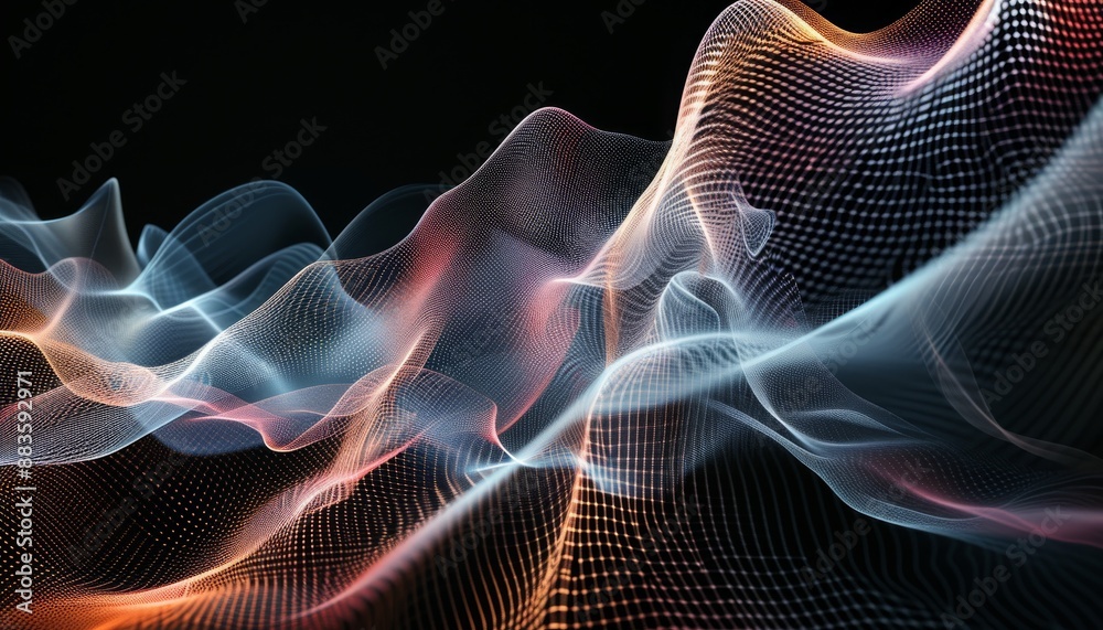 Black background with abstract grid lines and wave patterns in dual ...