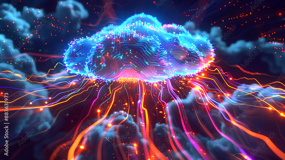 Futuristic digital illustration of cloud computing concept neural network Technology AI data ...