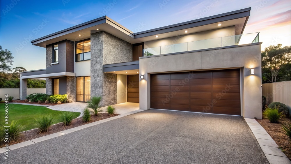 Modern suburban house with sleek lines features a beautiful exposed ...