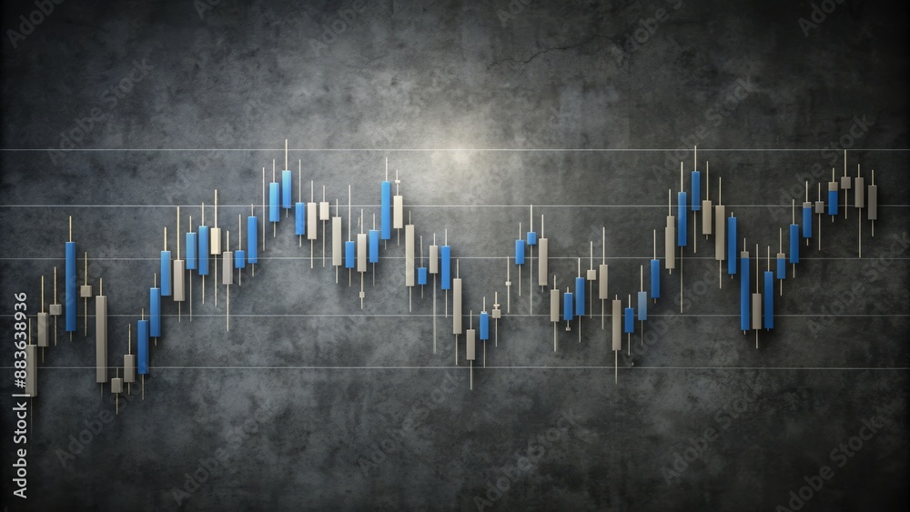 Complex financial chart with blue candlestick patterns and technical ...