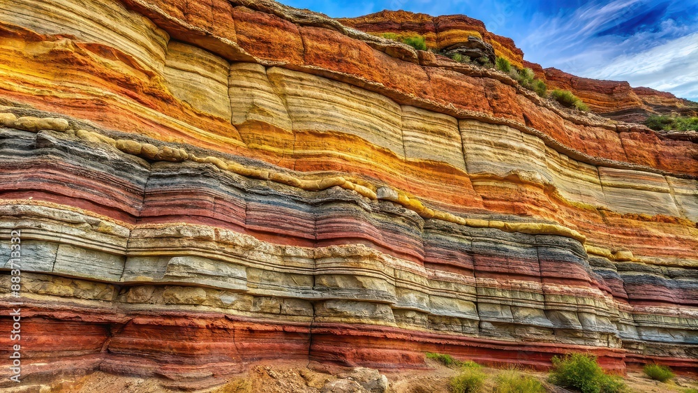 Sedimentary rock formation with layers of different colors and textures ...