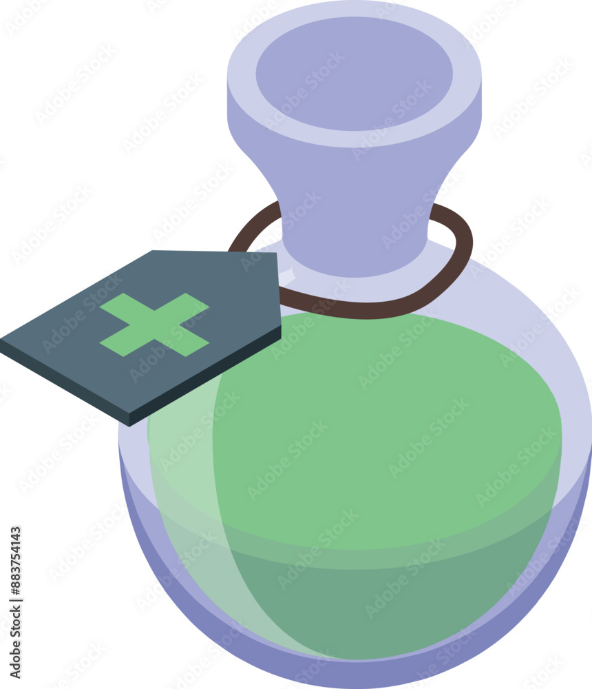 Green colored medical potion with a label having cross sign is hanging ...