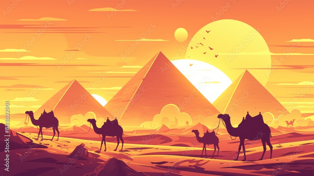 Cute cartoon landscape of the Great Pyramids of Giza with camels in the ...