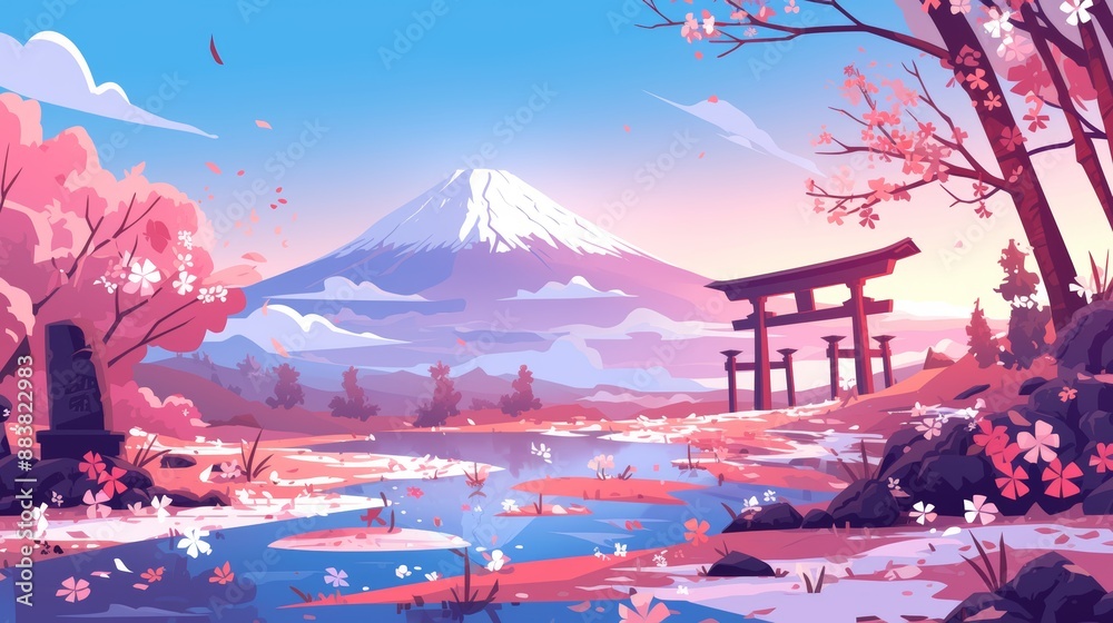 Cute cartoon landscape of the stunning Mount Fuji with cherry blossoms ...