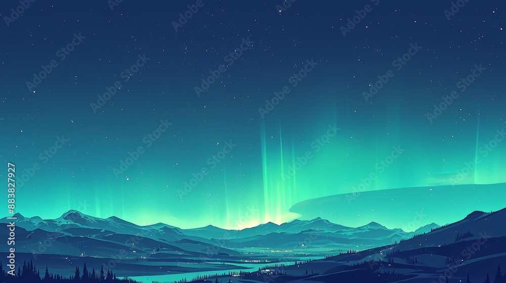 Cute cartoon landscape of the breathtaking Aurora Borealis in the night ...