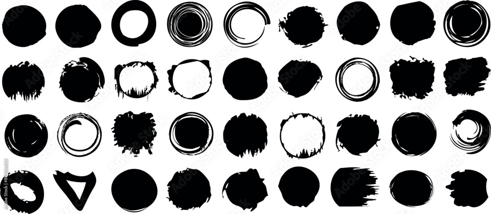 Grunge circle vector set, hand drawn rough circular brushstroke ...