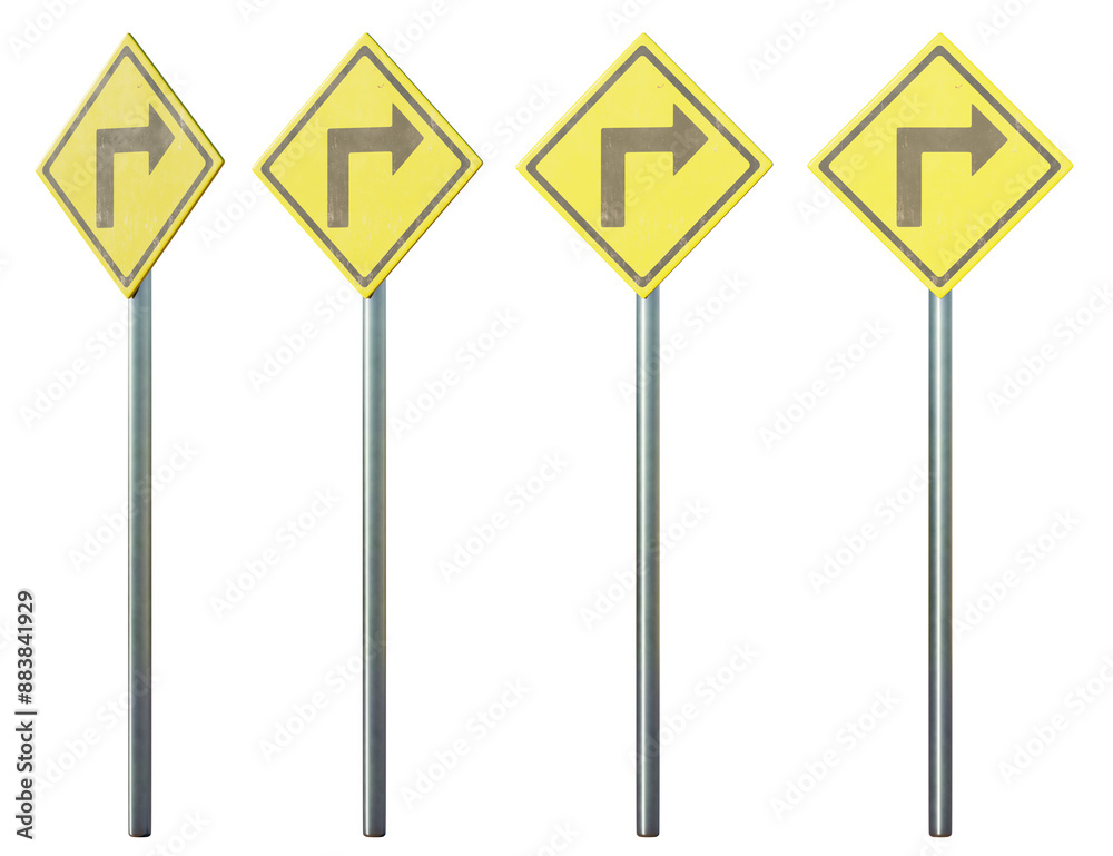 Set of 3d right turn ahead signs with transparent background, 3d render ...