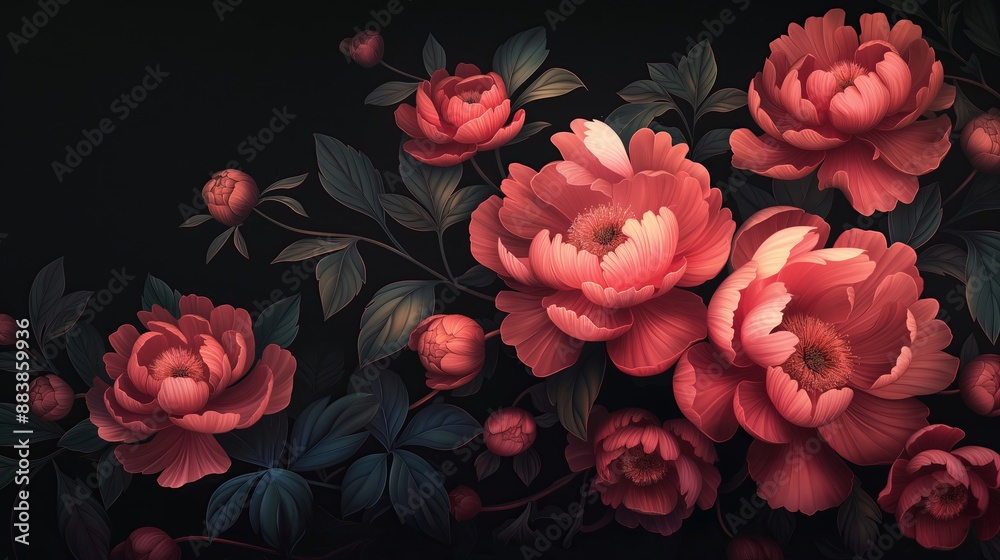 peony bush with pink flowers on a black background . Anime foliage ...