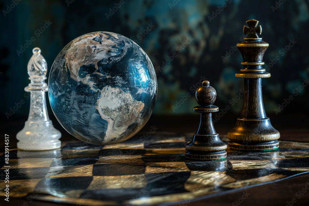 Crystal globe and chess pieces on the chessboard Tactical and ...
