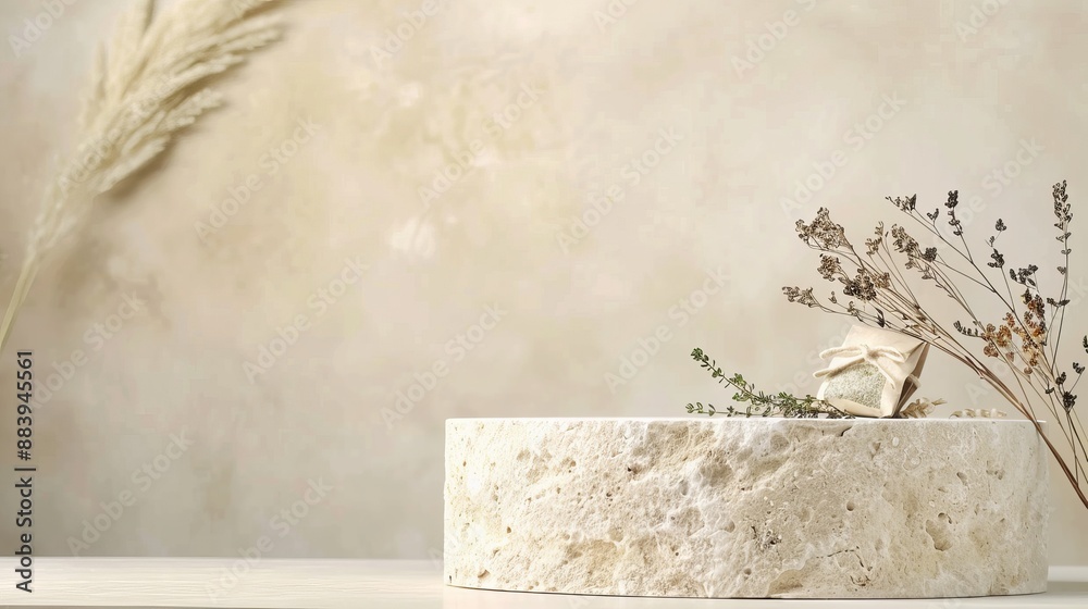 front angle shot close up empty minimalistic nature stone podium soft ...