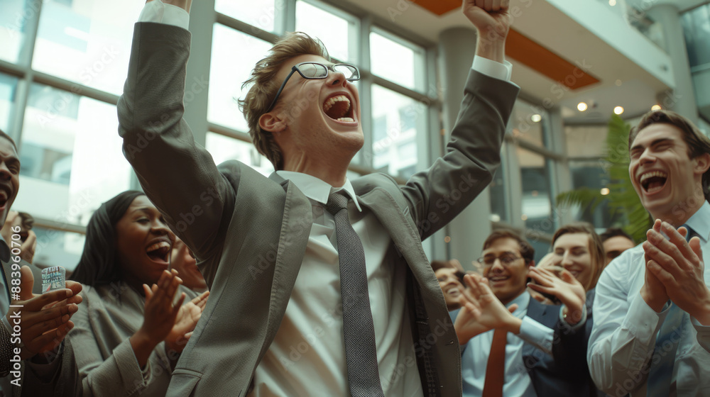 A young man is cheering while celebrating victory among a group of ...