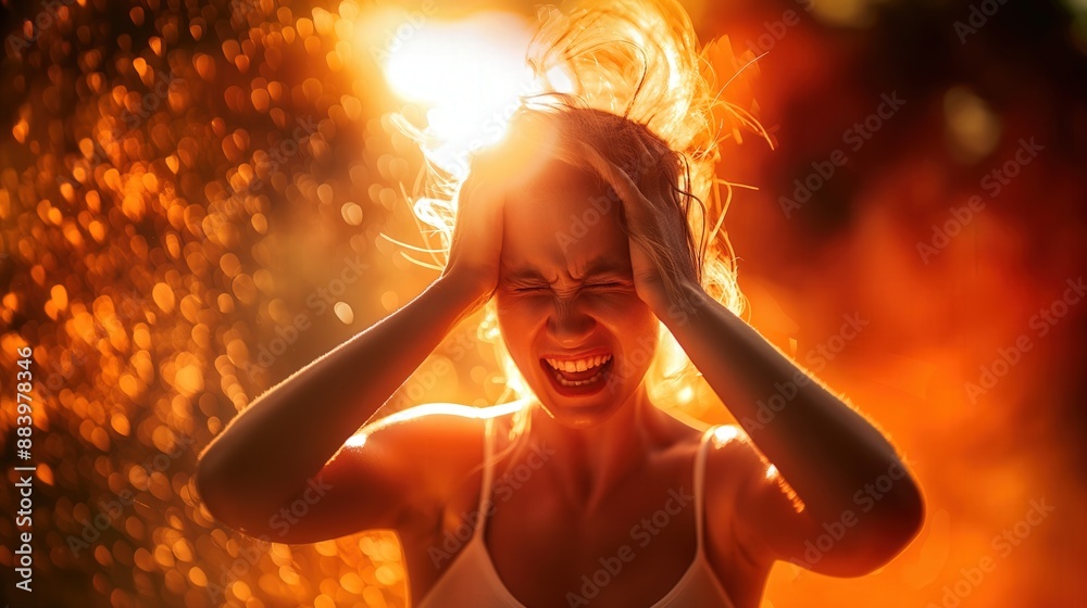 Woman in tank top sweating hands above head stressful painful angry ...
