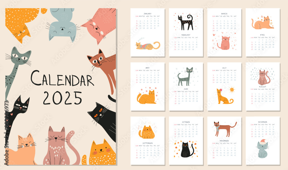 2025 Annual Calendar animals, Layout with cute baby Doodle Cats animal ...