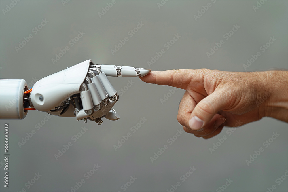 Artificial intelligence robots and human index fingers meet each other through the walls of ...