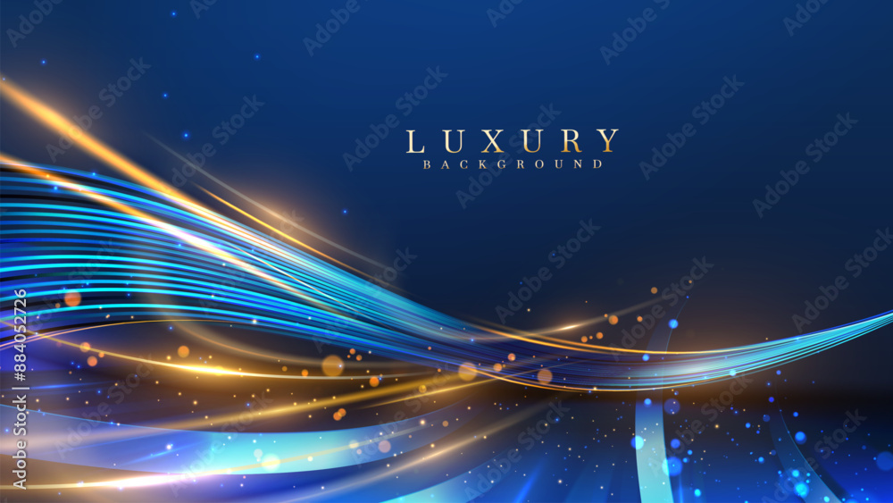 Blue luxury background with golden line decoration and curve light effect with bokeh elements ...