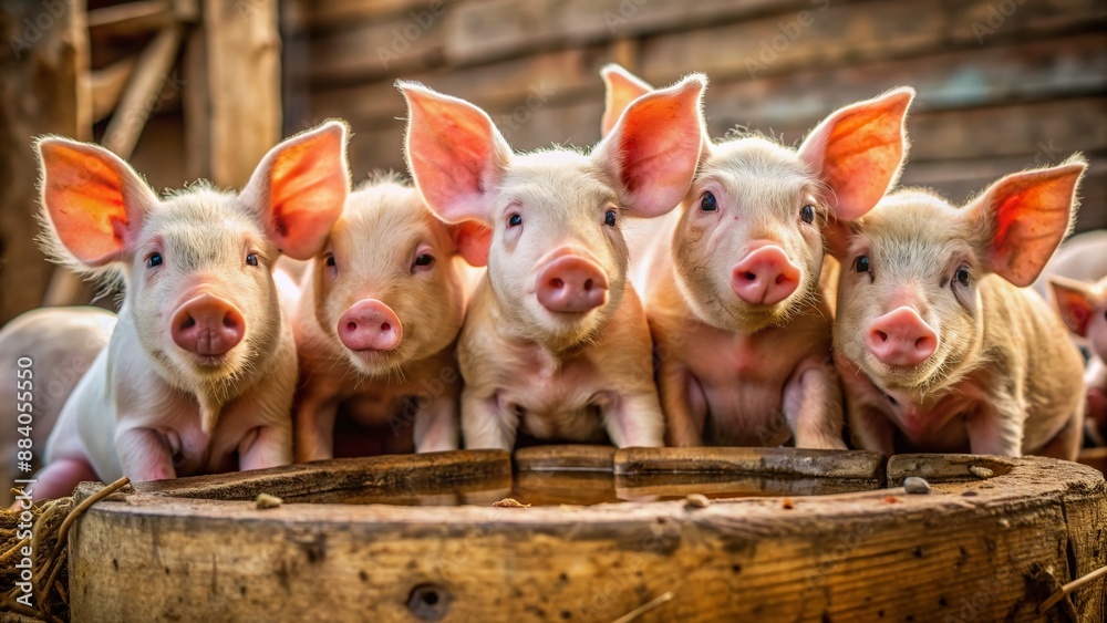 Adorable piglets swarm around a feeding trough in a rustic farm setting ...