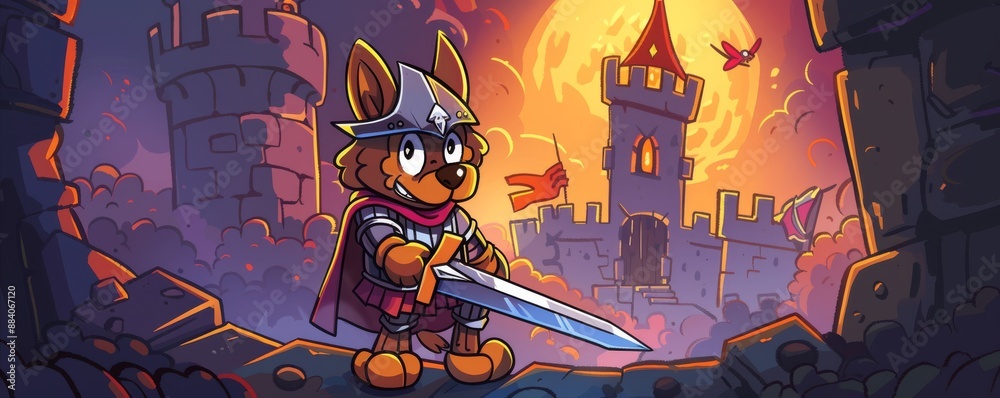 Animated knight dog standing with a sword amidst a burning castle at ...