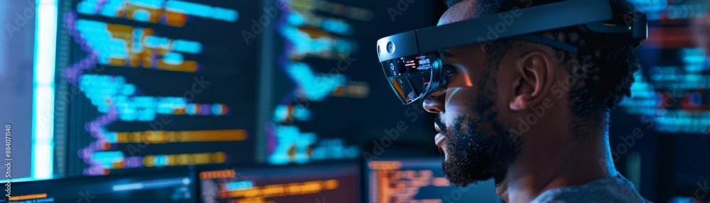 Programmer debugging code with augmented reality glasses, tech ...