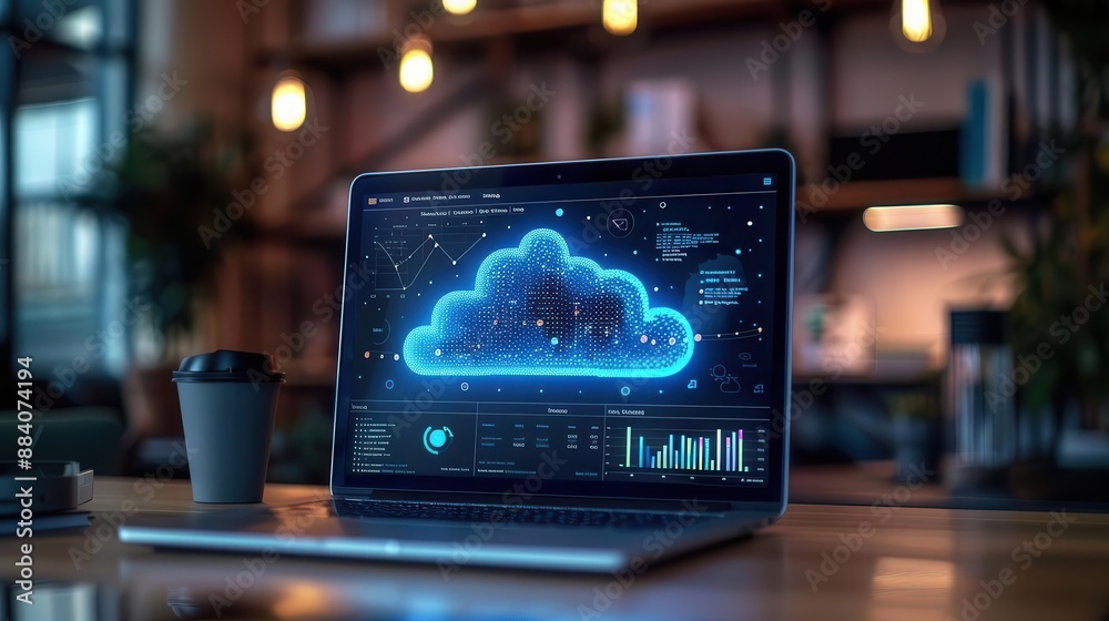 Laptop displaying cloud computing concept with blue cloud icon and data charts in modern office ...