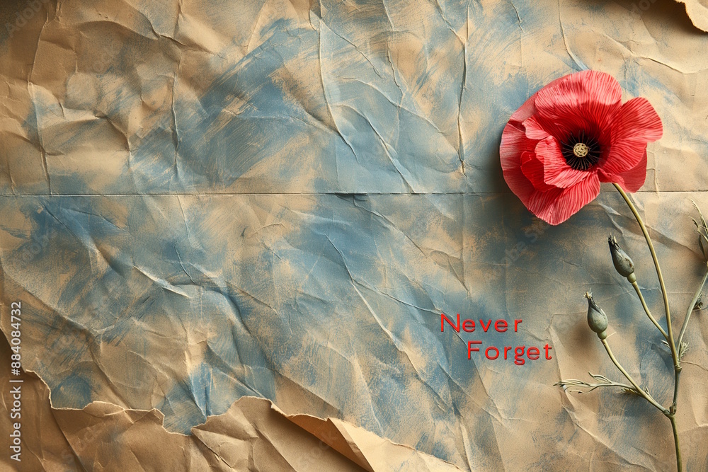 Red poppy on a textured paper background with "Never Forget" text ...