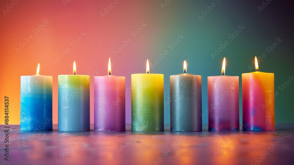 An array of six lit candles in a gradient of colors on a reflective ...