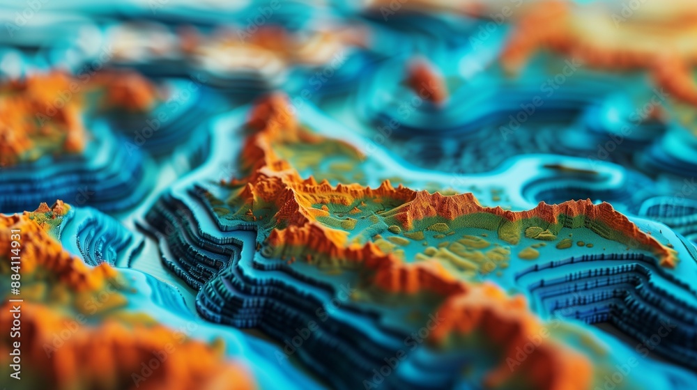 Gis Geodata Mapping Concept Featuring A Detailed Layered Terrain Model With Contour Lines And