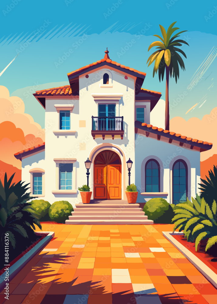 front view of beautiful white and black Spanish style home with dark ...