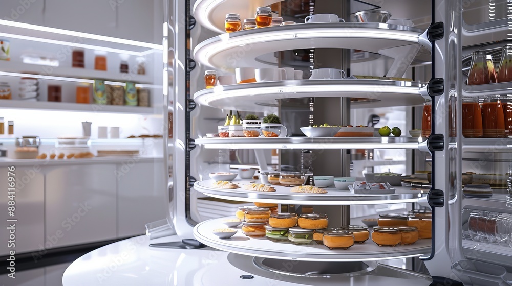 Capture a futuristic pantry with automated shelving that rotates and ...