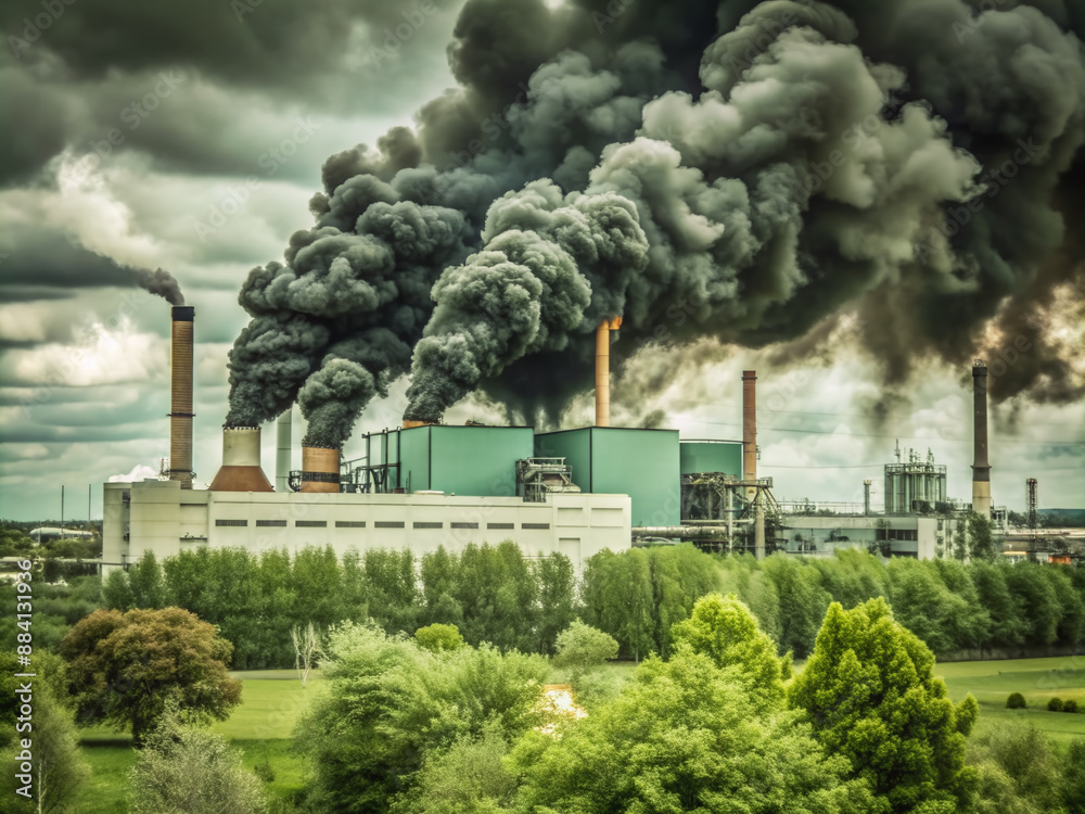 Massive industrial factory belches thick, black smoke into the ...