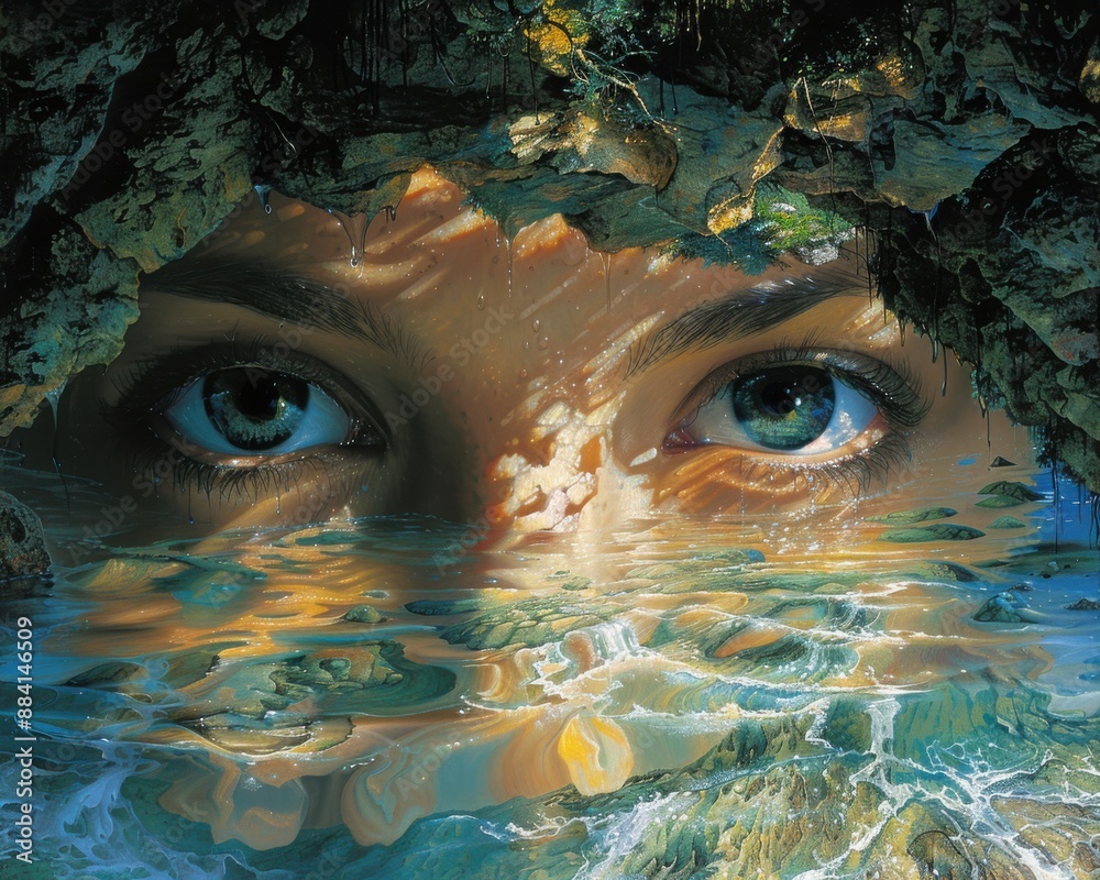 Create a surrealistic painting of a person looking into a pool of water ...