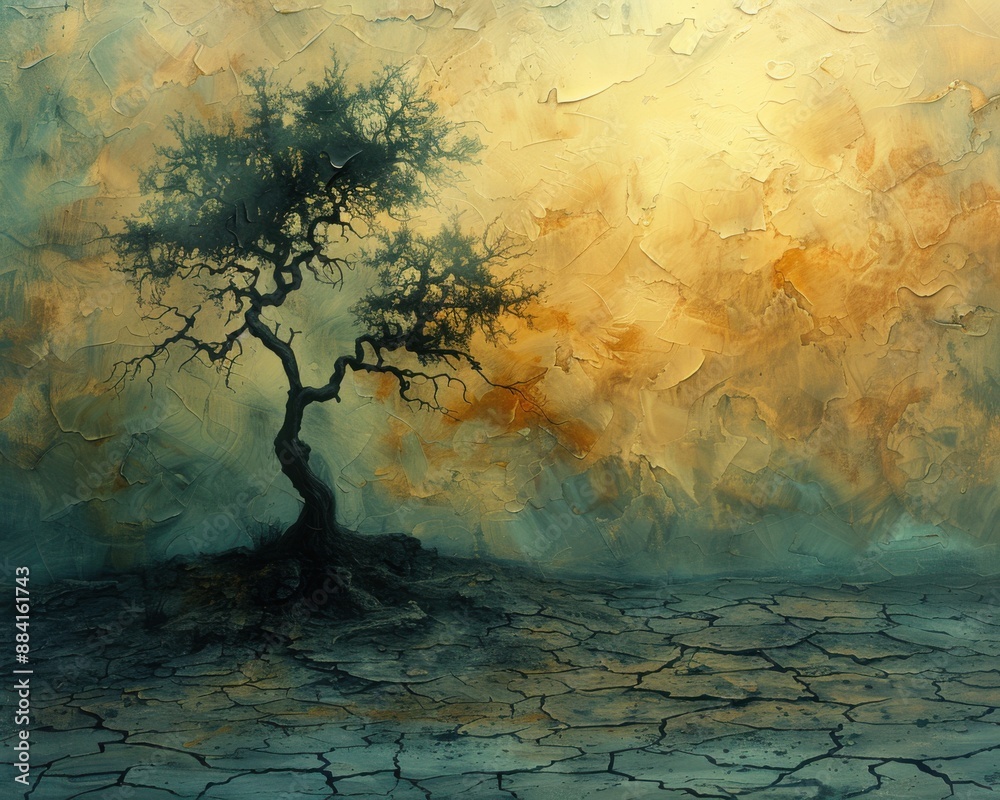 Create a surrealistic painting of a tree with leaves made of smoke ...