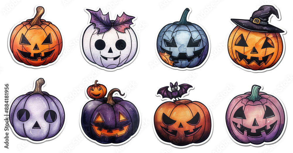 cartoon style illustration, Jack-o-Lantern pumpkins Halloween sticker ...