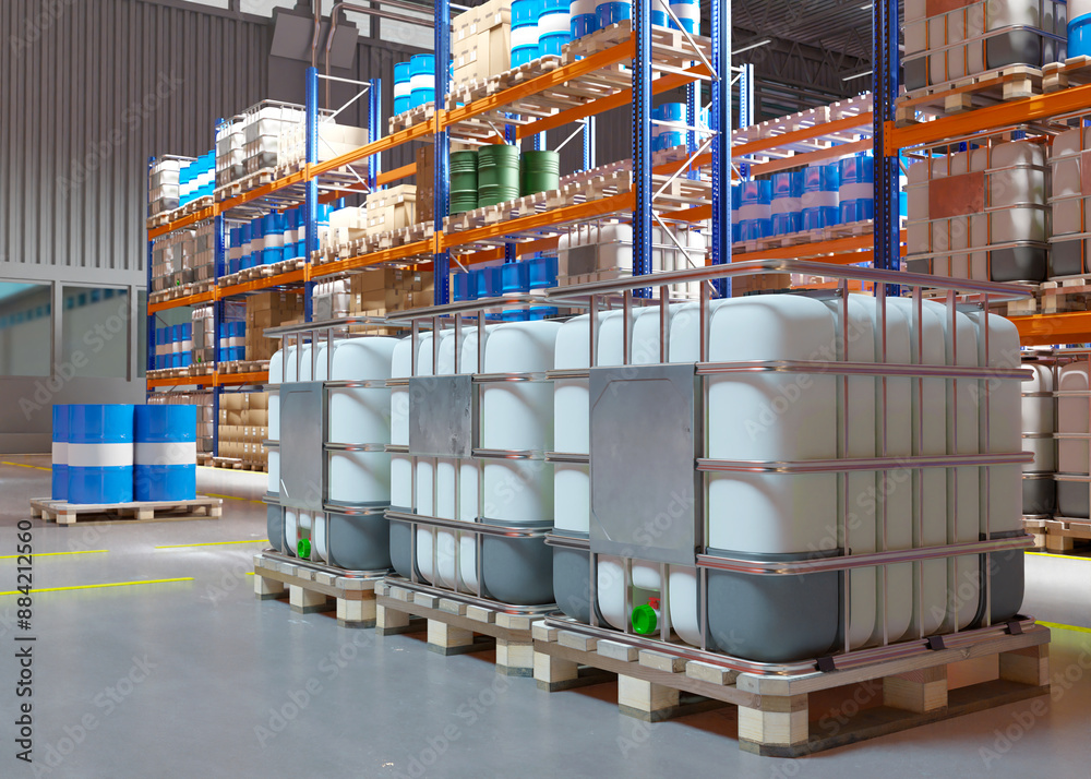 Stockroom of chemical liquids. Factory storage. Stockroom with tanks ...