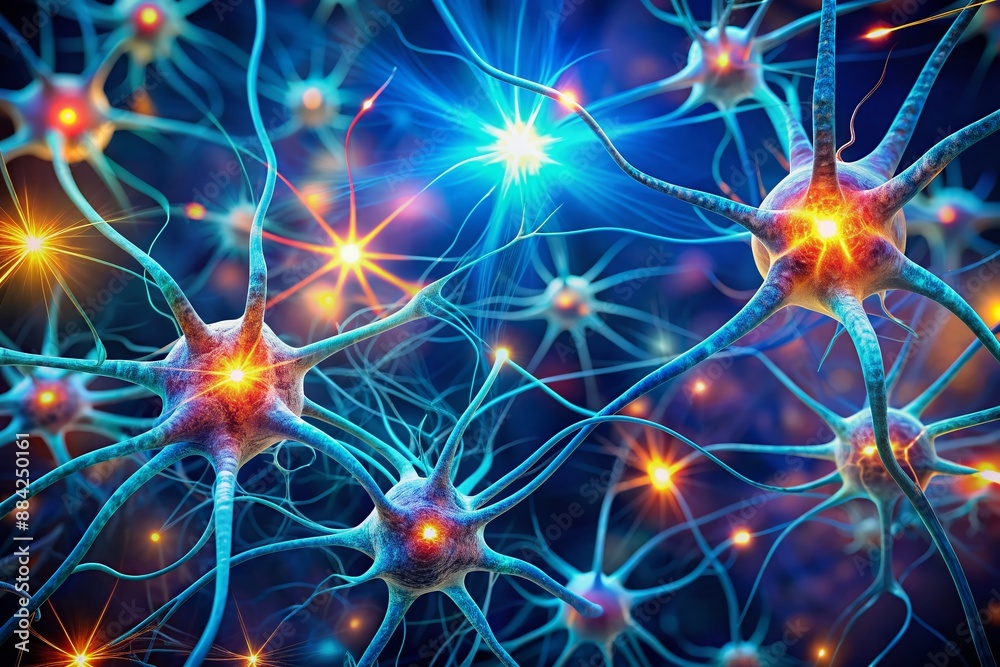 Illuminated neurons in vibrant colors, connected by glowing synapses ...