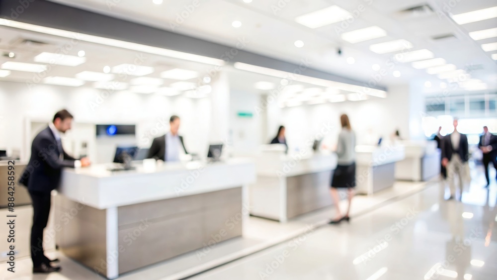 Bank Interior Blur - A blurred view inside a bank with counters and ...