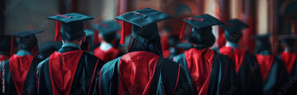 Row of several students wearing togas at graduation celebration with ...
