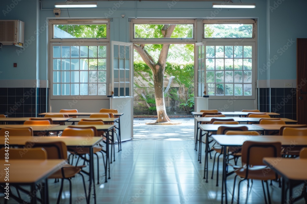 Bright and Clean Empty Classroom with White Tables and Chairs, Open ...