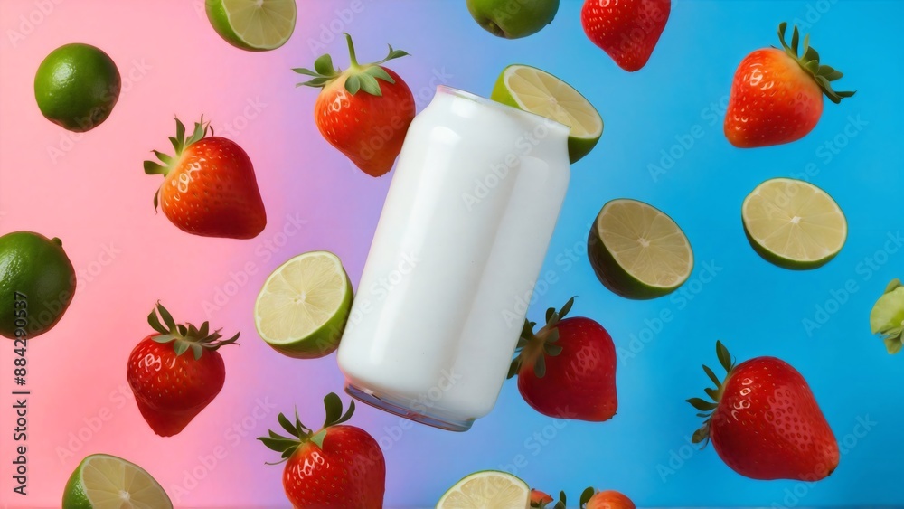 Mockup white plain soft-drink can floating, whole strawberries and sliced limes in the air ...