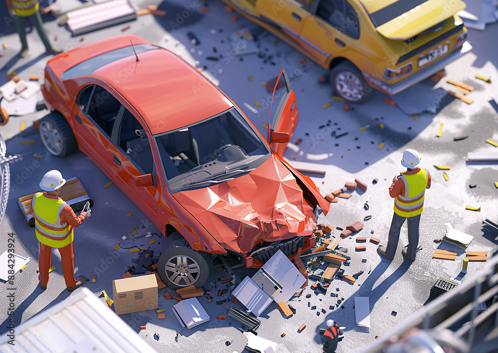 High-resolution 3D render of insurance officials documenting a car ...