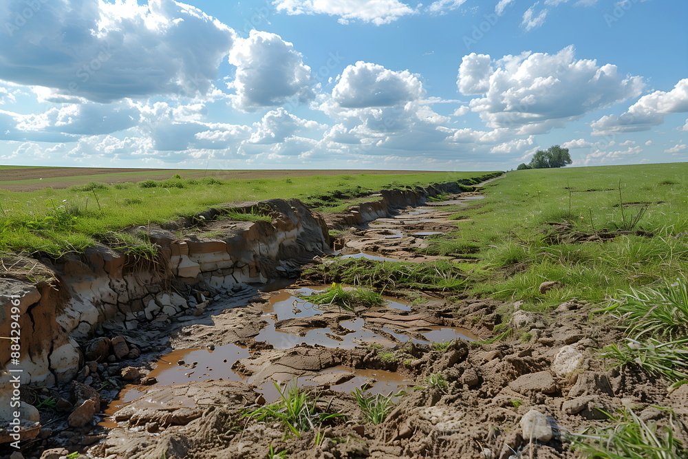 Water and wind soil erosion of field with green grass under blue sky ...