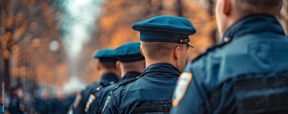Rear view of police officers in uniform during a city parade ...