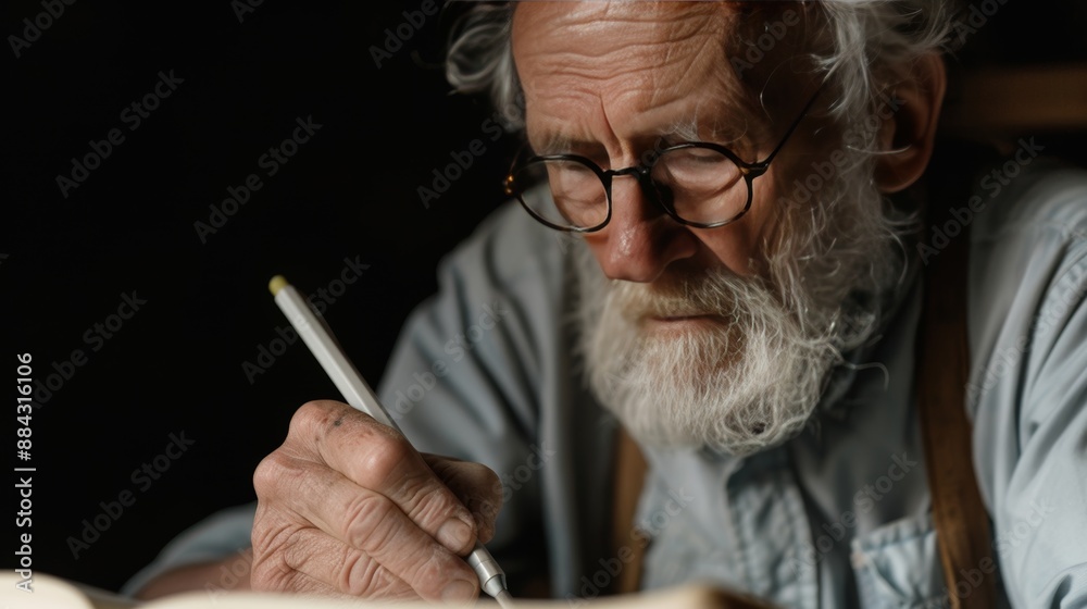 Grandpa writing a daily journal or diary in a quiet room, [reflective ...