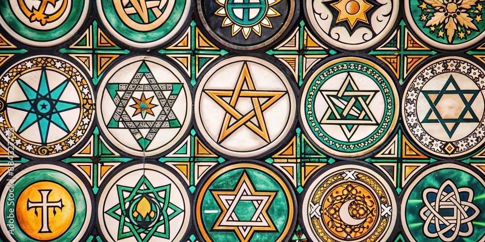 Various religious symbols like crosses, stars of David, crescent moons ...