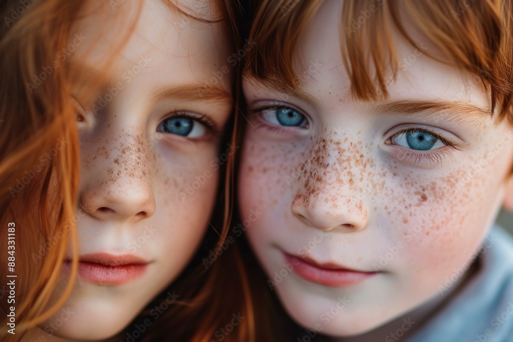 Intimate portrait of two young siblings with striking blue eyes and red ...