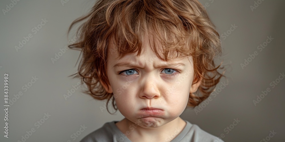 Foto de Stock Child with curly hair shows expression of anger and ...