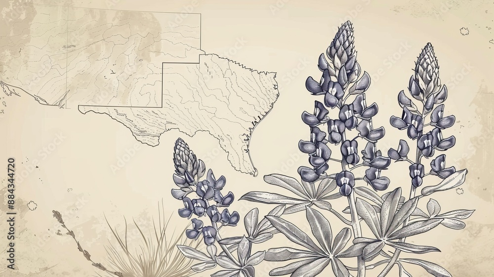 An artistic illustration showcasing a map of Texas beside blooming ...